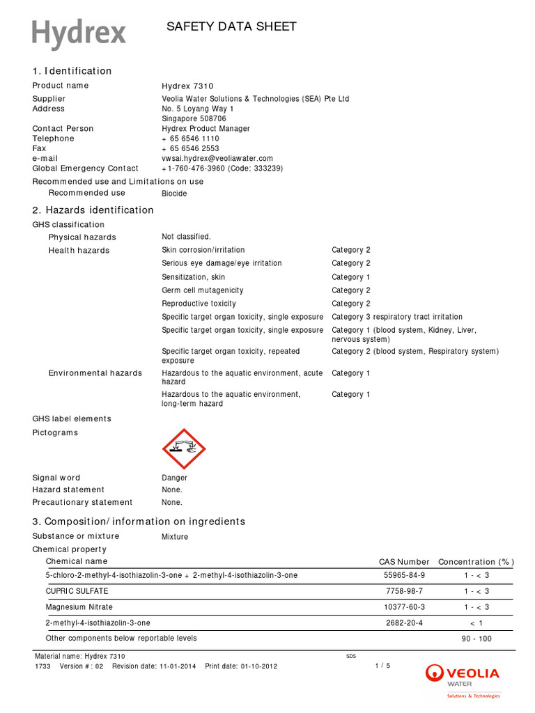 29.MSDS Hydrex 7310 SG - GHS | PDF | Occupational Safety And Health ...