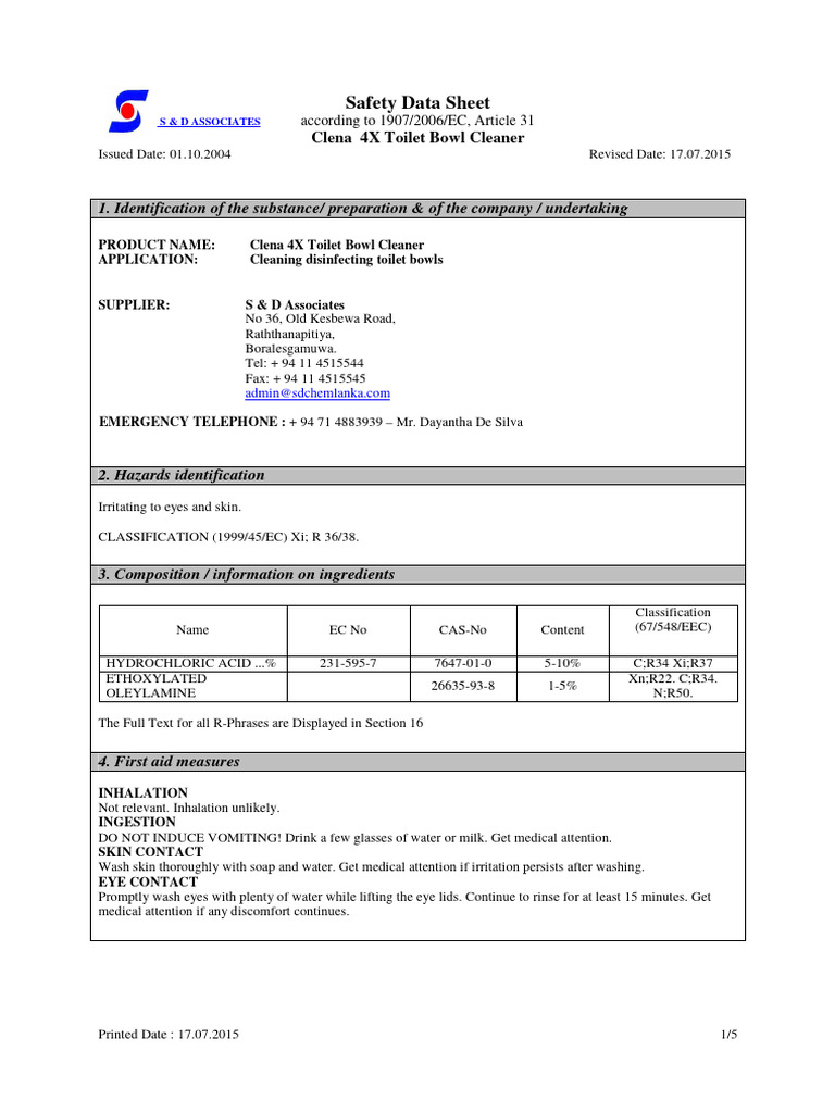Clena 4X Toilet Bowl Cleaner MSDS | PDF | Toxicity | Water