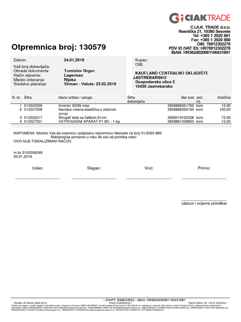 Otpremnica Broj: 130579: Tomislav Gec | PDF