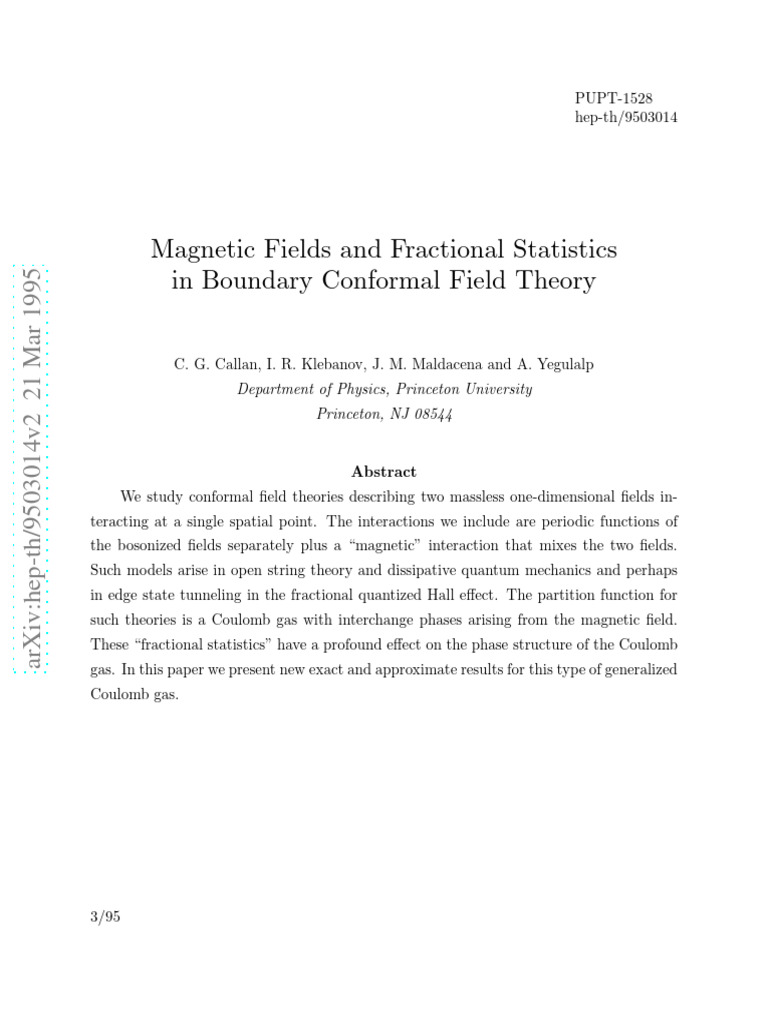 Magnetic Fields and Fractional Statistics in Boundary Conformal Field Theory | PDF | Quantum ...