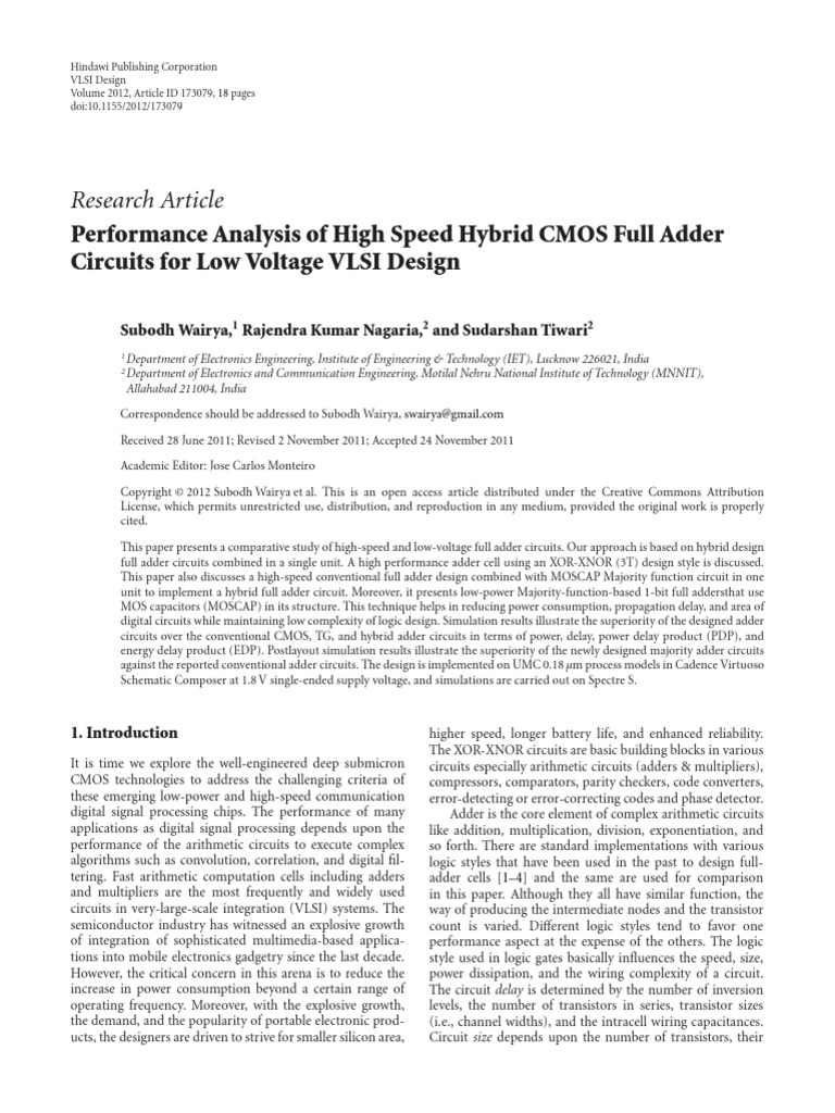 Performance Analysis of High Speed Hybrid CMOS Full Adder Circuits For Low Voltage VLSI Design ...