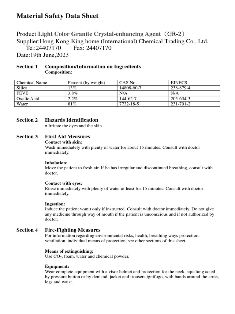 GR-2 MSDS | PDF | Water | Hygiene