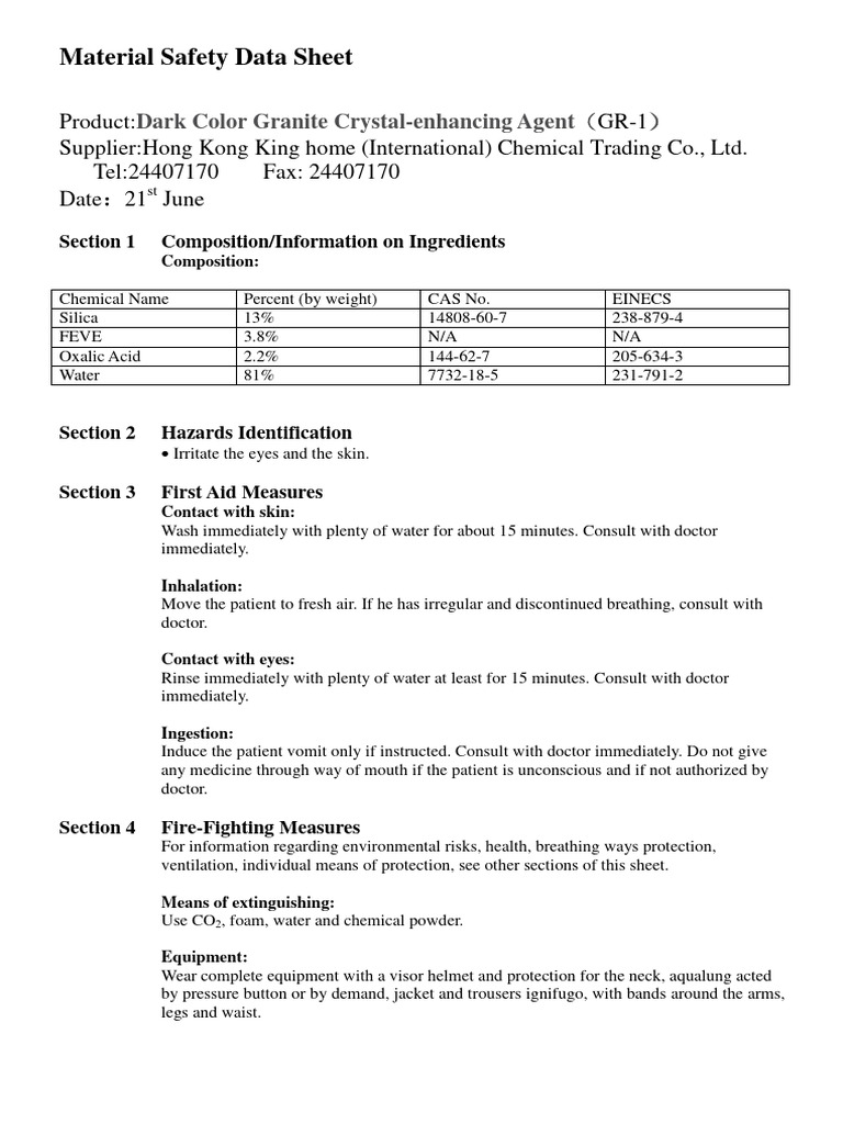 GR-1 MSDS | PDF | Water | Hygiene