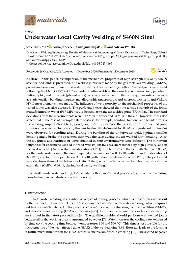 Underwater Local Cavity Welding of s460n Steel - 52817 | PDF | Welding ...