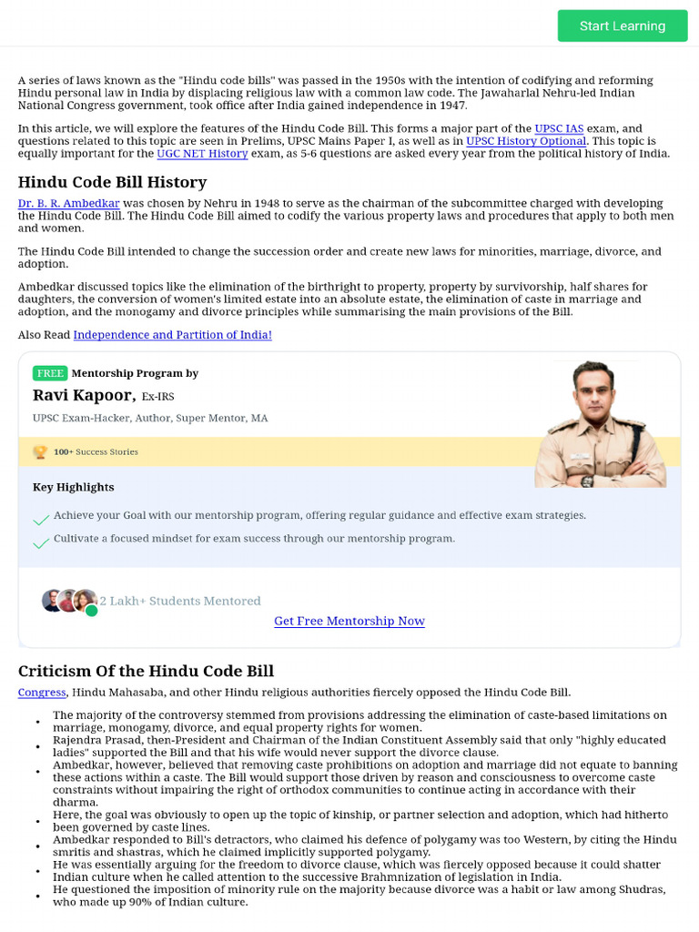 Hindu Code Bill - Role of Ambedkar and Other Important Notes! | PDF