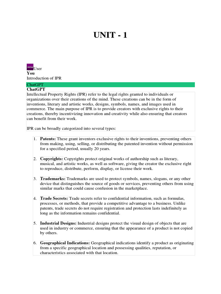 Unit 1 & 2 Ipr | PDF | Intellectual Property | Copyright