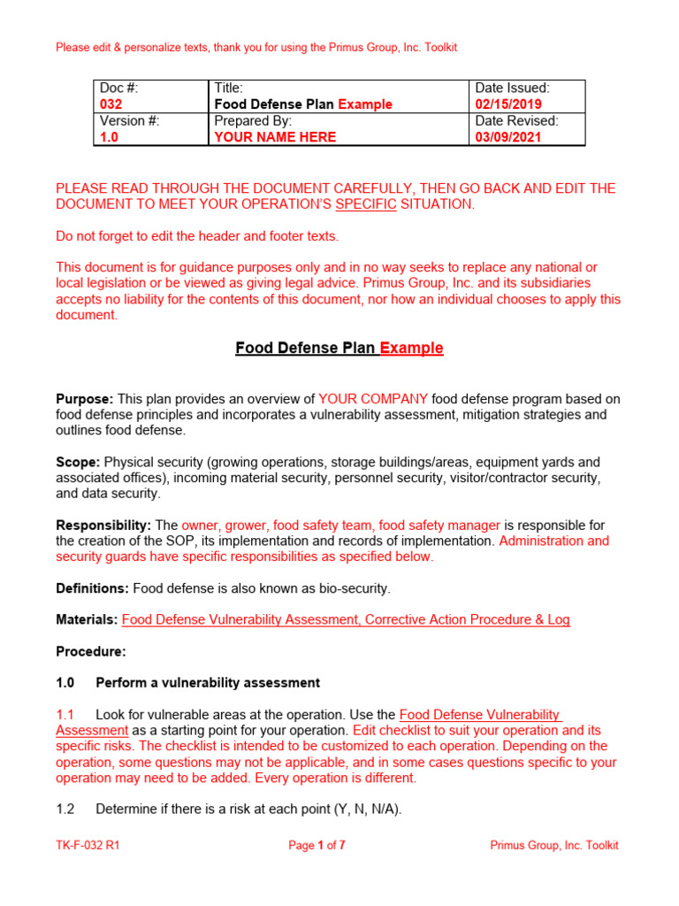 Customizable Food Defense Plan Template | PDF | Computer Security ...