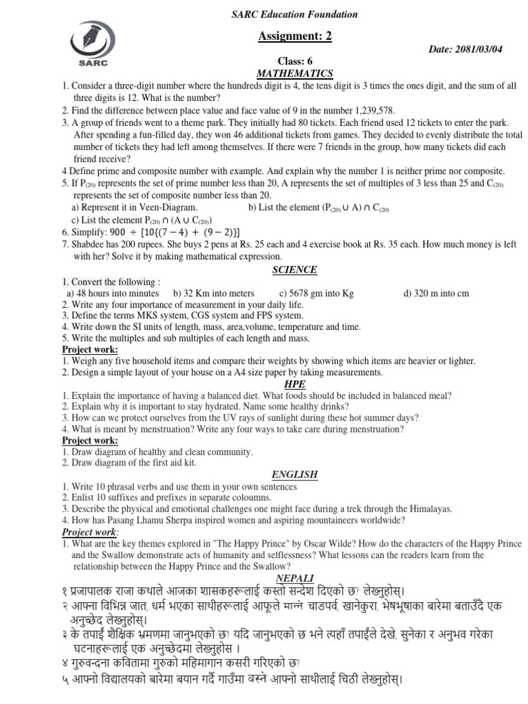 Assignment II & Project Work Class 6 | PDF | Numbers | Metrology