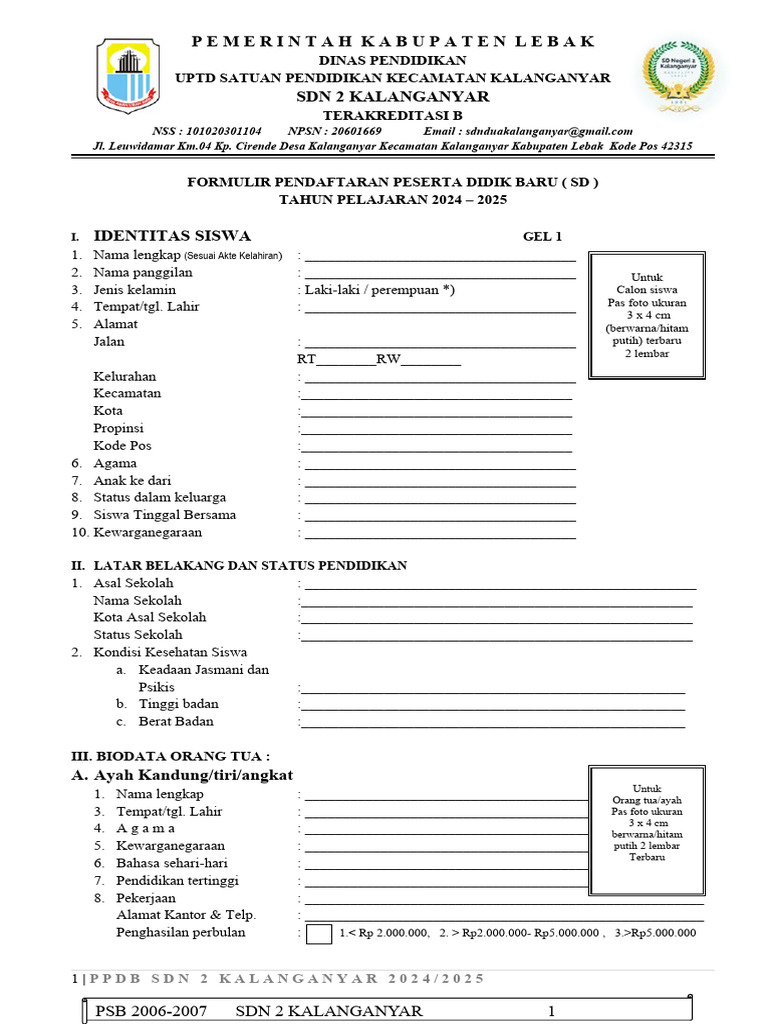 FORMULIR-SD-2024-2025 | PDF