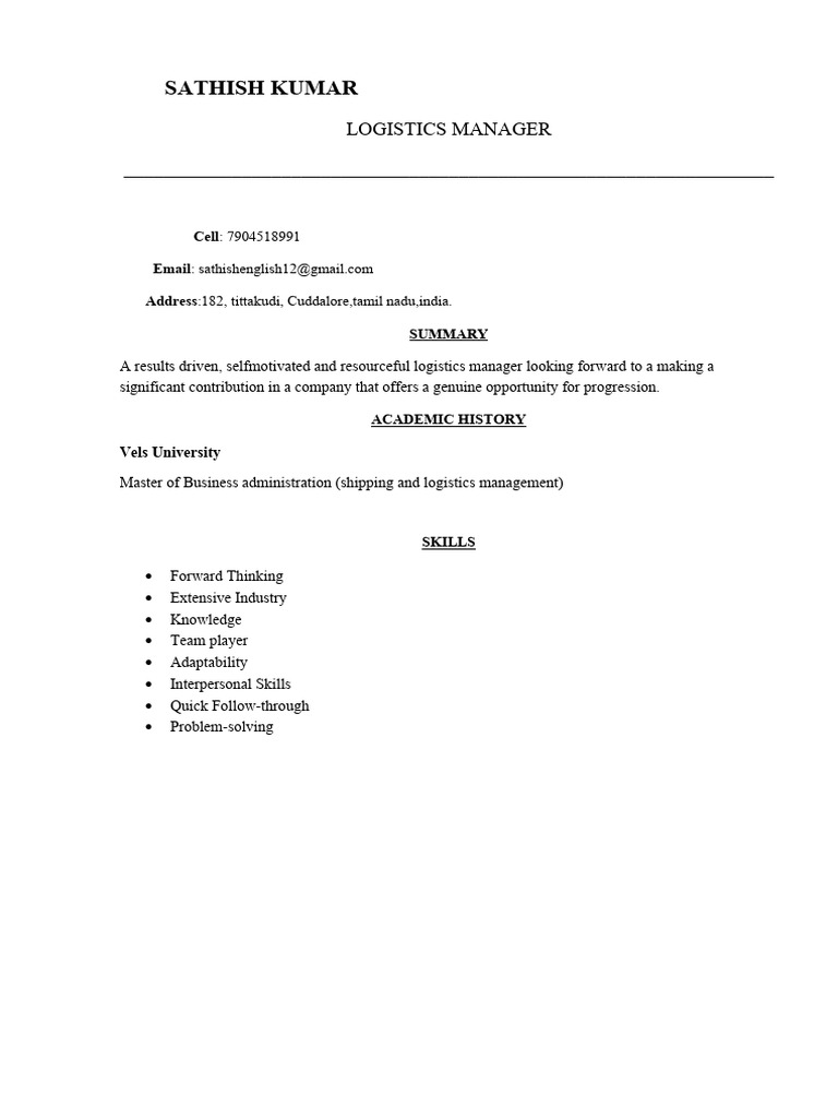Logistics Manager Resume Example | PDF