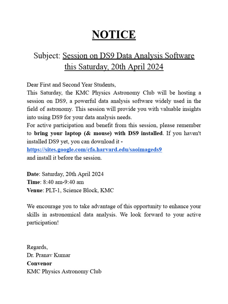 NOTICE - Session On DS9 Data Analysis Software This Saturday, 20th ...