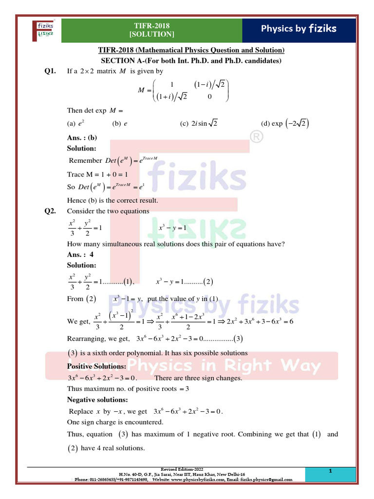 TIFR Question With Solution 2018 | PDF | Equations | Exponential Function TIFR Question With Solution 2018 | PDF | Equations | Exponential Function