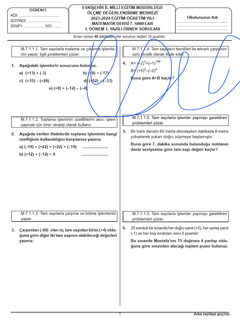 25 Ekim 7. SINIF MATEMATIYK 1.d 1.y | PDF