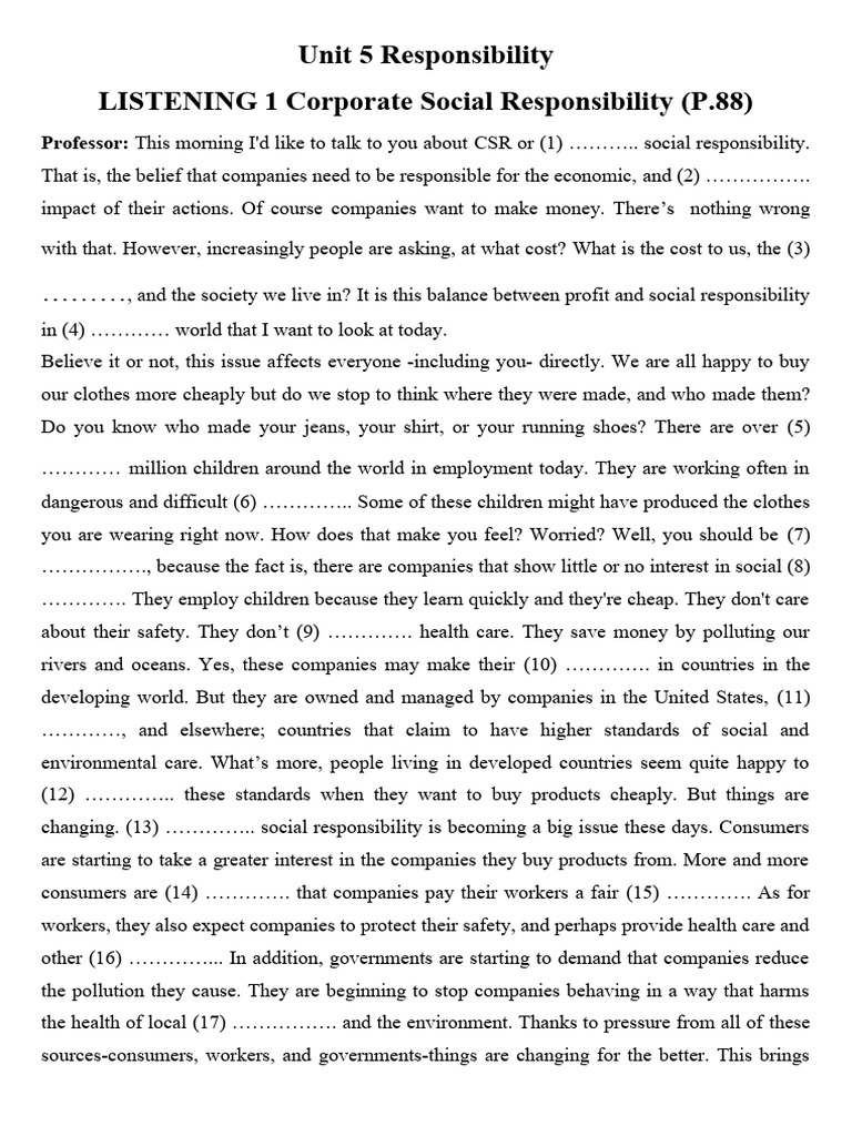 Unit 5 Responsibility Listening 1+2 | PDF | Corporate Social ...