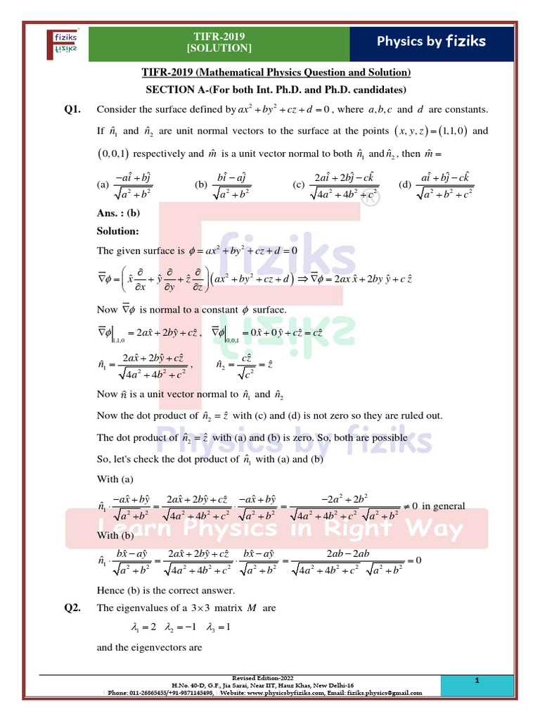 TIFR Question With Solution 2019 | PDF | Eigenvalues And Eigenvectors ... TIFR Question With Solution 2019 | PDF | Eigenvalues And Eigenvectors ...
