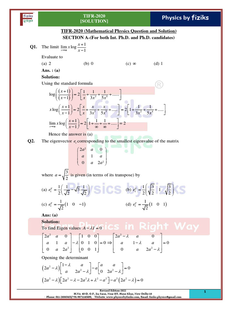 TIFR Question With Solution 2020 | PDF | Eigenvalues And Eigenvectors ...
