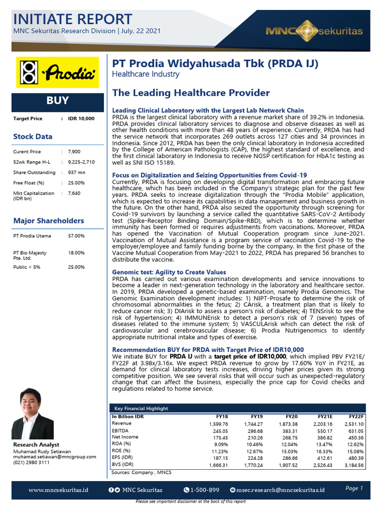 MNCS Initiate Report - PRDA (220721) | PDF | Medical Laboratory | Health Care