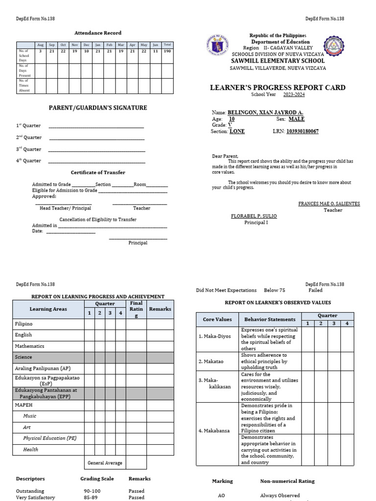 SF 9 - ES ((Learner's Progress Report Card) GR1-GR2 | PDF SF 9 - ES ((Learner's Progress Report Card) GR1-GR2 | PDF
