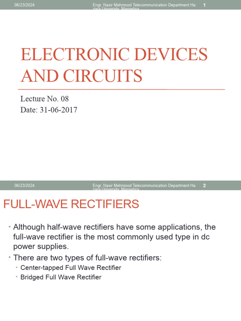 Lecture # 08 - Power Supply-Full Wave Rectifier | PDF | Rectifier ...