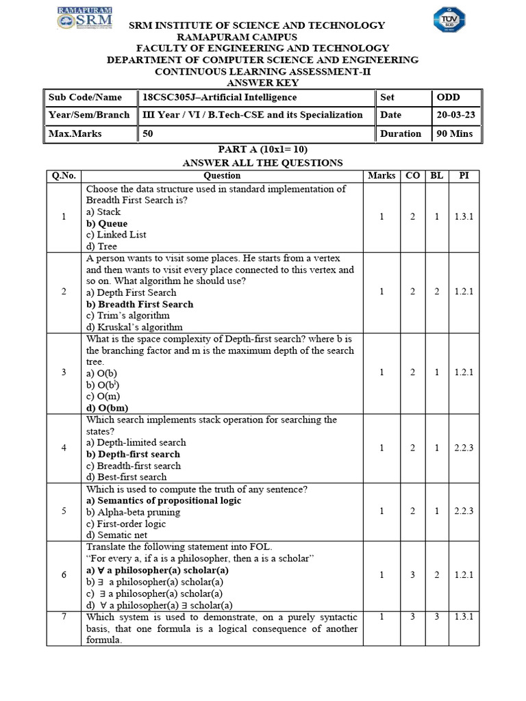Answer Key 18CSC305J AI CT II QP ODD III E | PDF | Algorithms | Algorithms And Data Structures