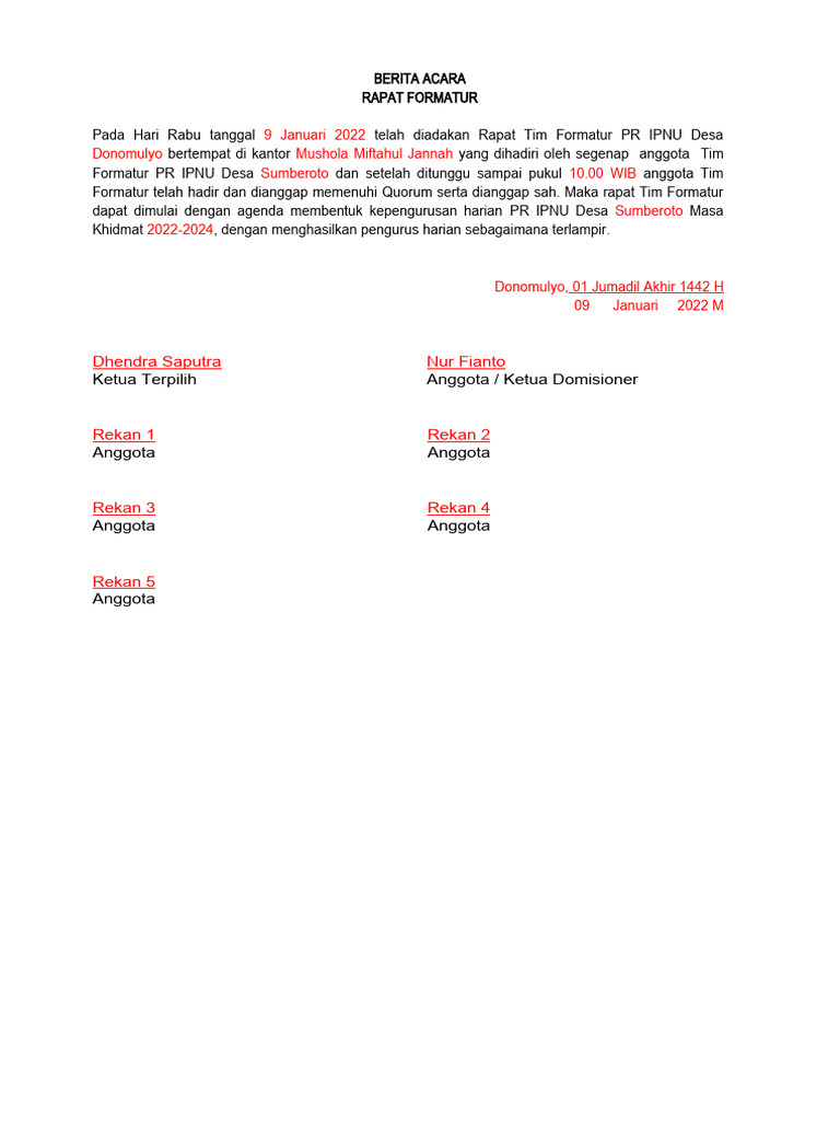 Berita Acara Penyusunan Pengurus Harian Oleh Tim Formatur | PDF | Karier & Perkembangan