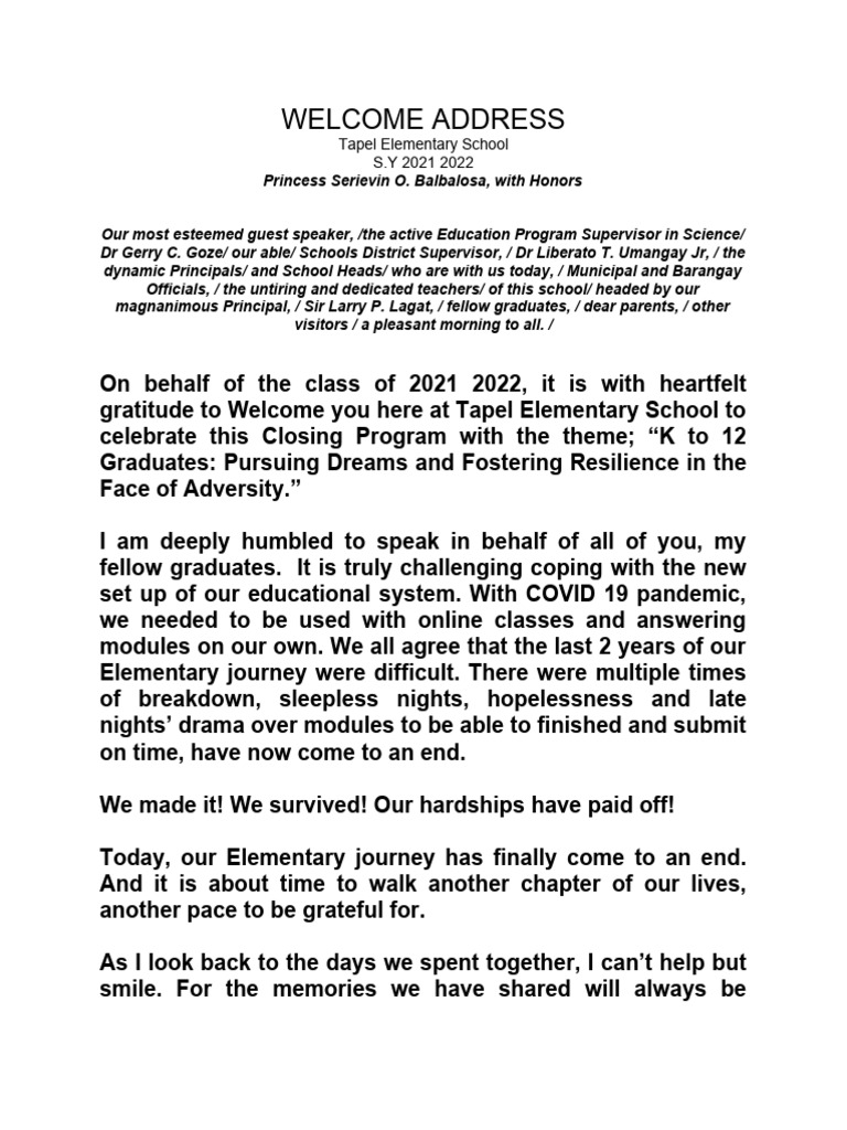 WELCOME ADDRESS 2021-2022 | PDF