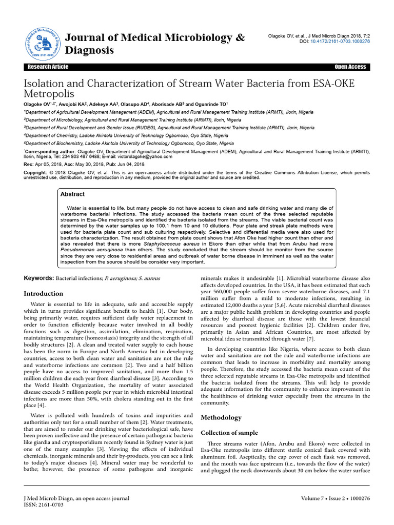 Stream Water Bacteria in Esa-Oke Metropolis | PDF | Staphylococcus ...