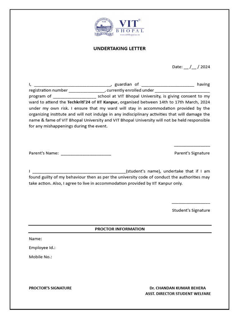 VIT Bhopal Undertaking Letter - Techkriti 2024 | PDF | Career & Growth ...