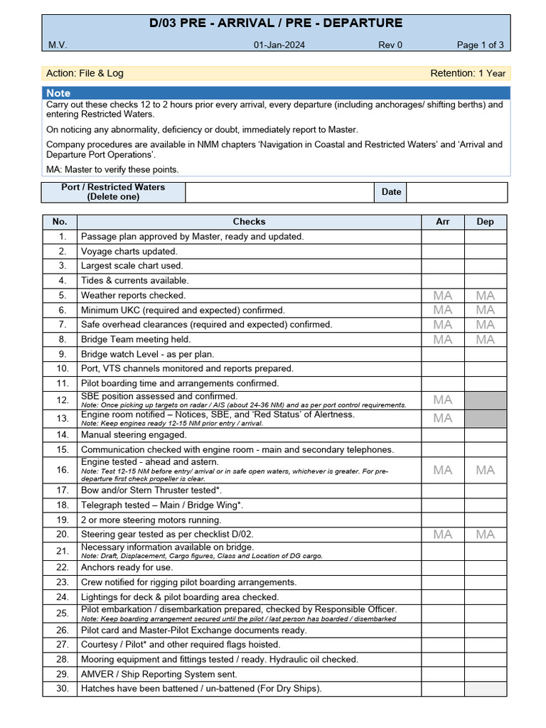 Pre-Arrival and Departure Checklist | PDF | Ships | Water Transport