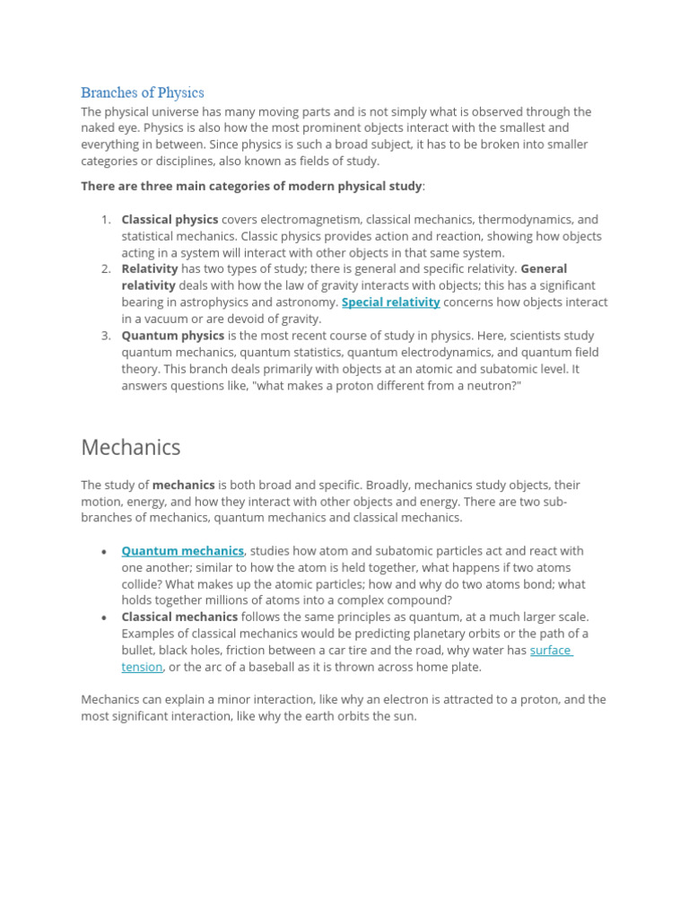 Overview of Physics Branches and Mechanics | PDF