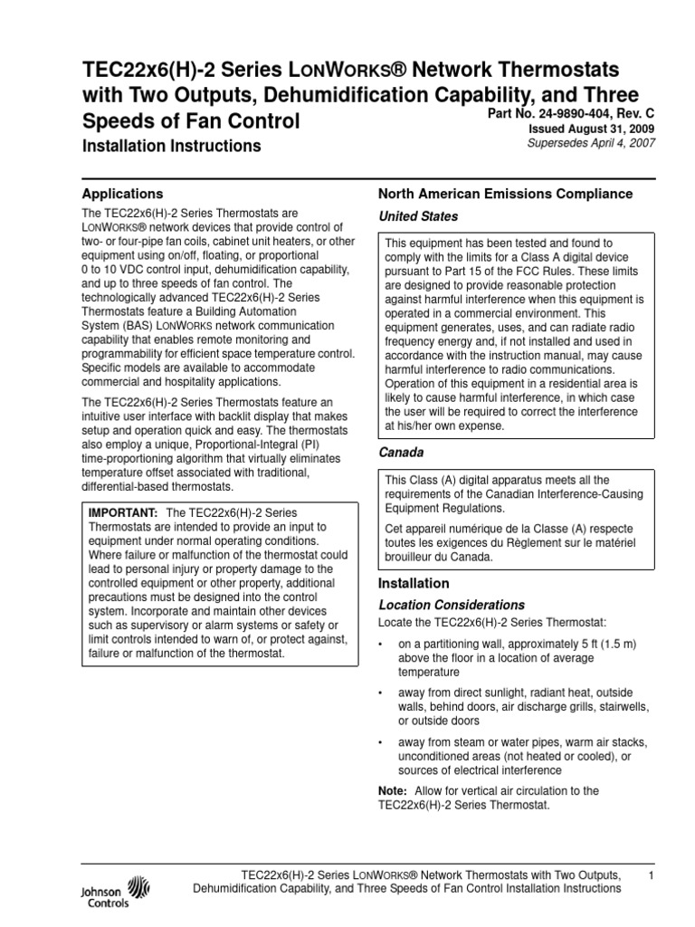 Johnson Control Datasheet | PDF | Thermostat | Electrical Connector