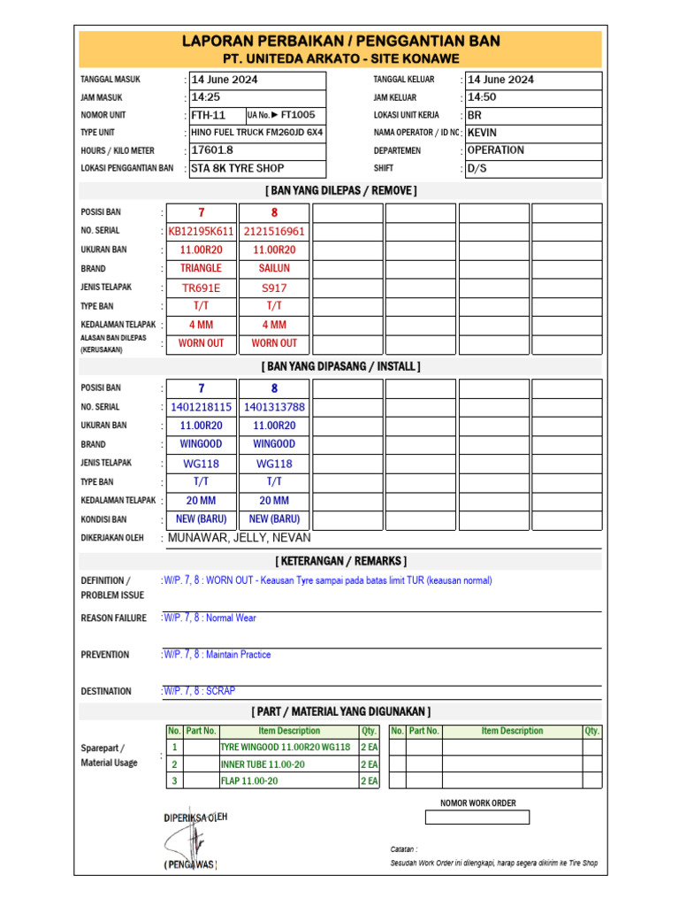 Tire Replacement Work Order Report | PDF | Tire | Manufactured Goods