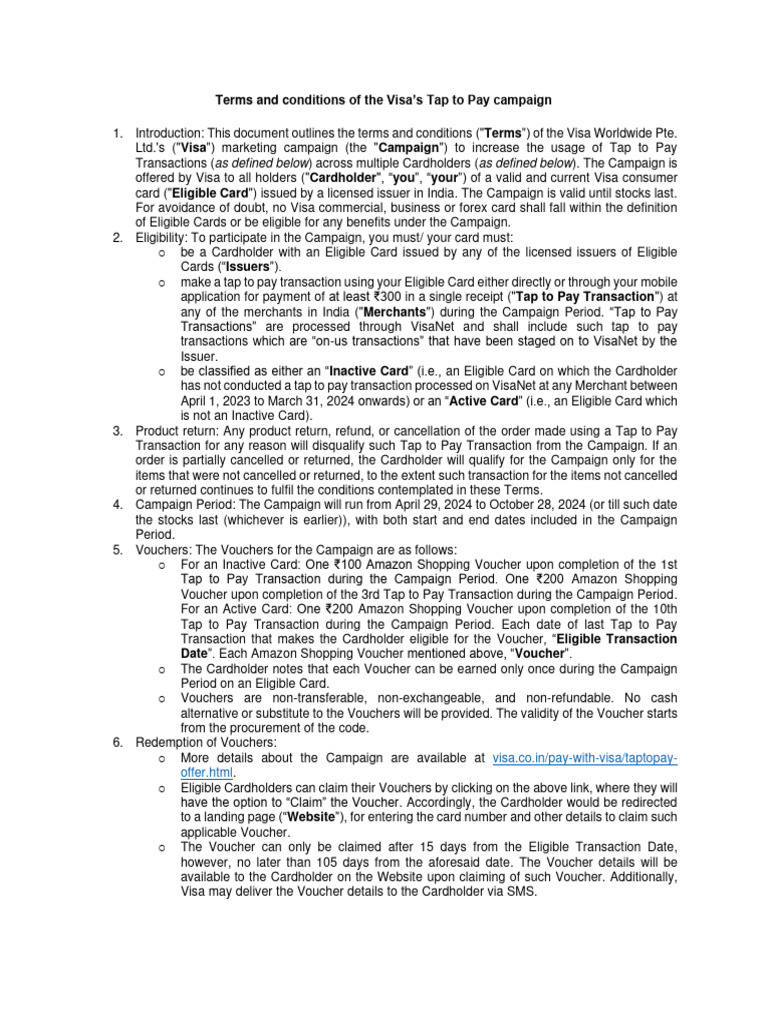 Terms and Conditions of The d2c Campaign | PDF | Visa Inc. | Privacy