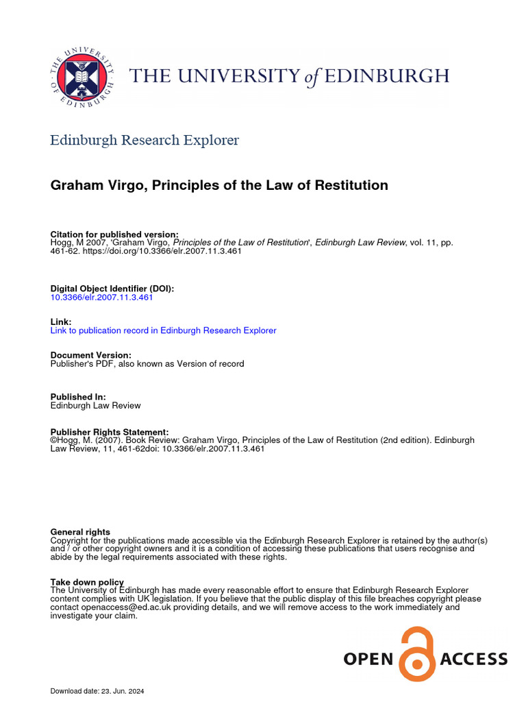 HOGG M Book Review Graham Virgo Principles of The Law of Restitution ...