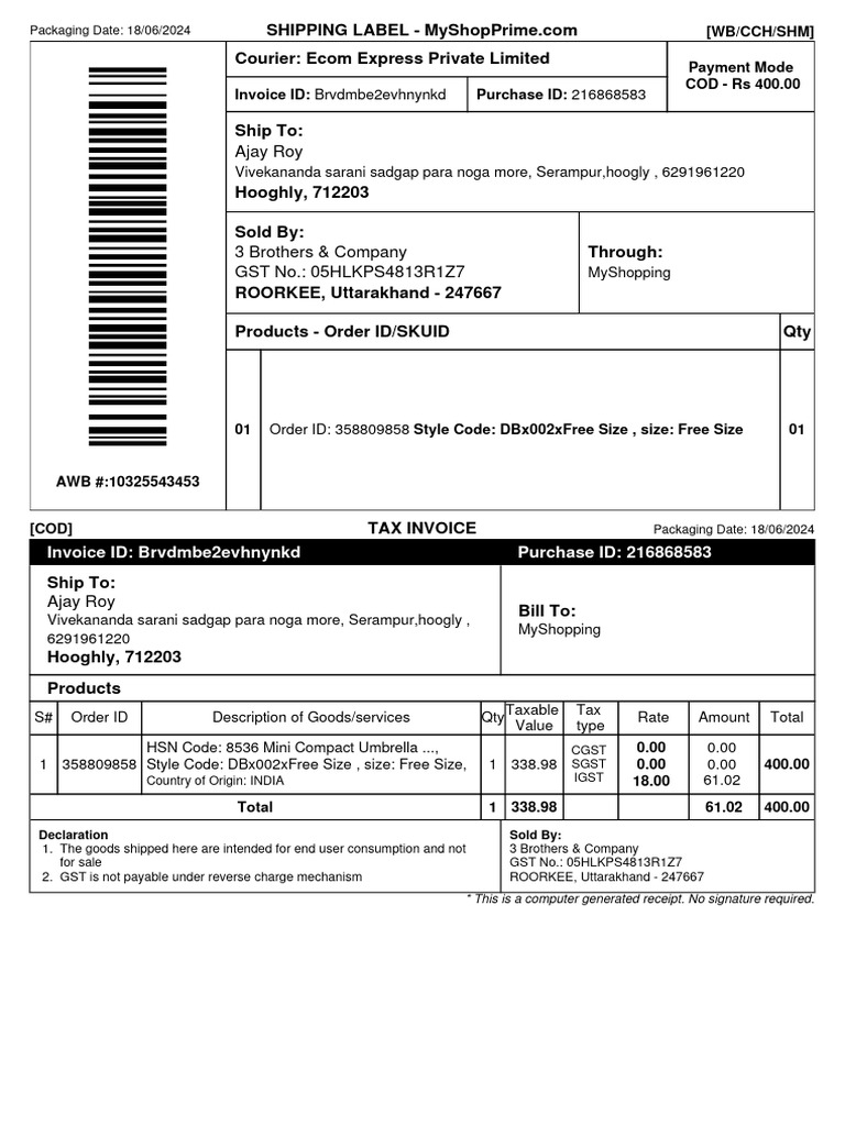 Ajay Roy: Courier: Ecom Express Private Limited | PDF | Taxes ...