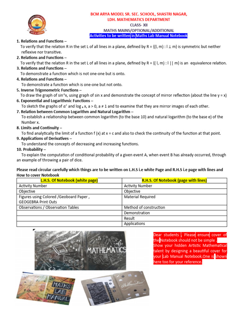 Xii Maths Lab Manual Activities | PDF | Function (Mathematics) | Logarithm