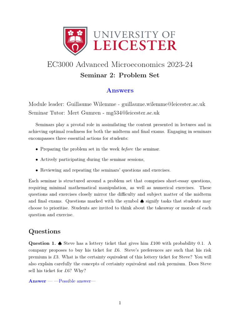 EC3000 Sem2 (Lec34 Answer) | PDF | Risk Aversion | Risk Premium