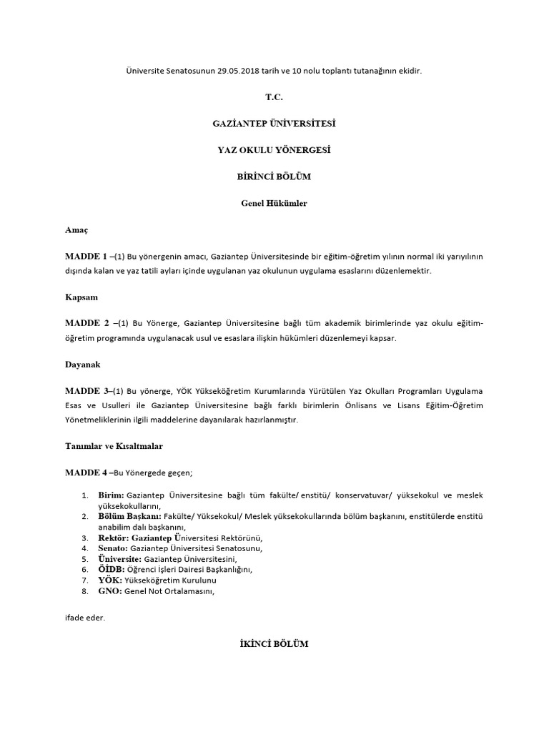 Yaz Okulu Yönergesi̇ (19!09!2022 Tari̇hi̇nde Deği̇şti̇ri̇len) | PDF