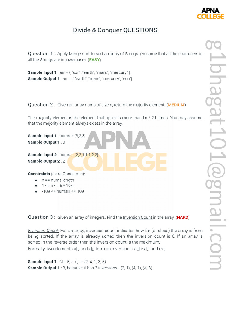 Divide & Conquer Algorithm Problems | PDF