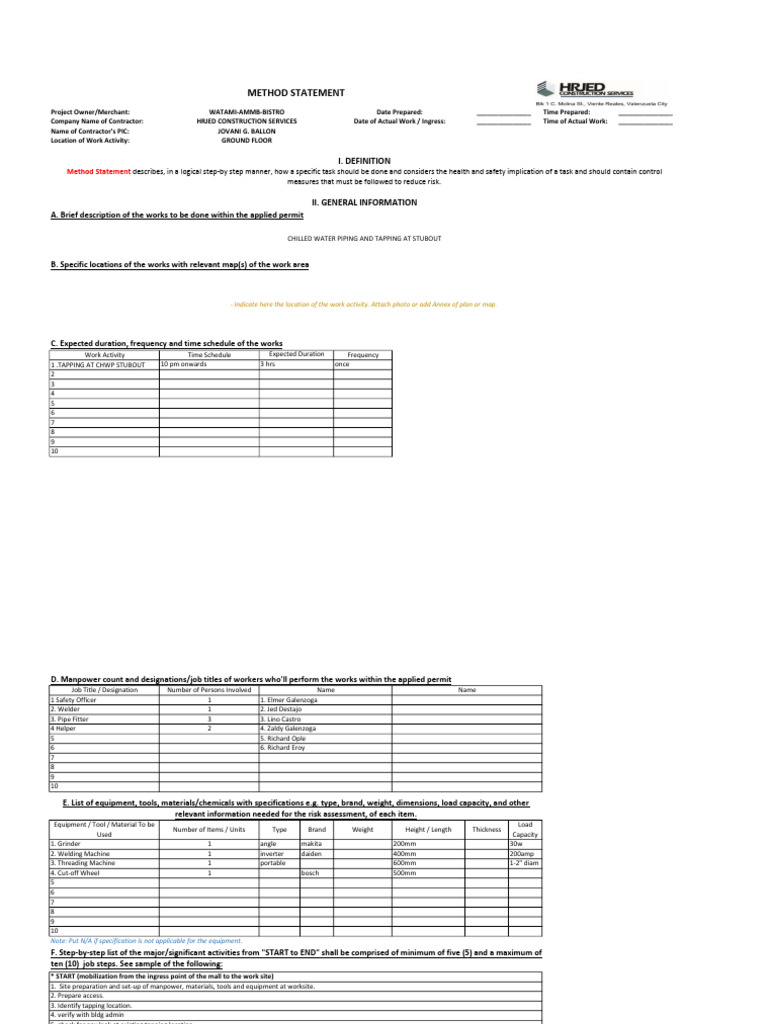 Ammb Format - Method Statement - CHWP | Download Free PDF | Pipe (Fluid ...