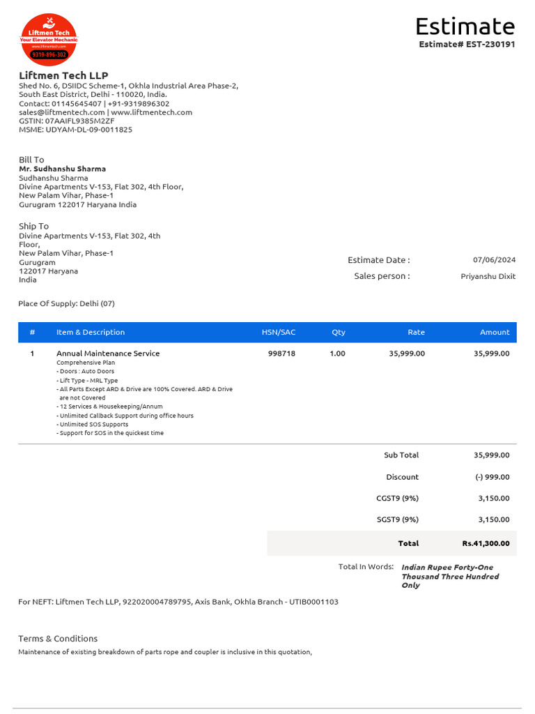 Lift AMC Bill Format | PDF | Economy Of India