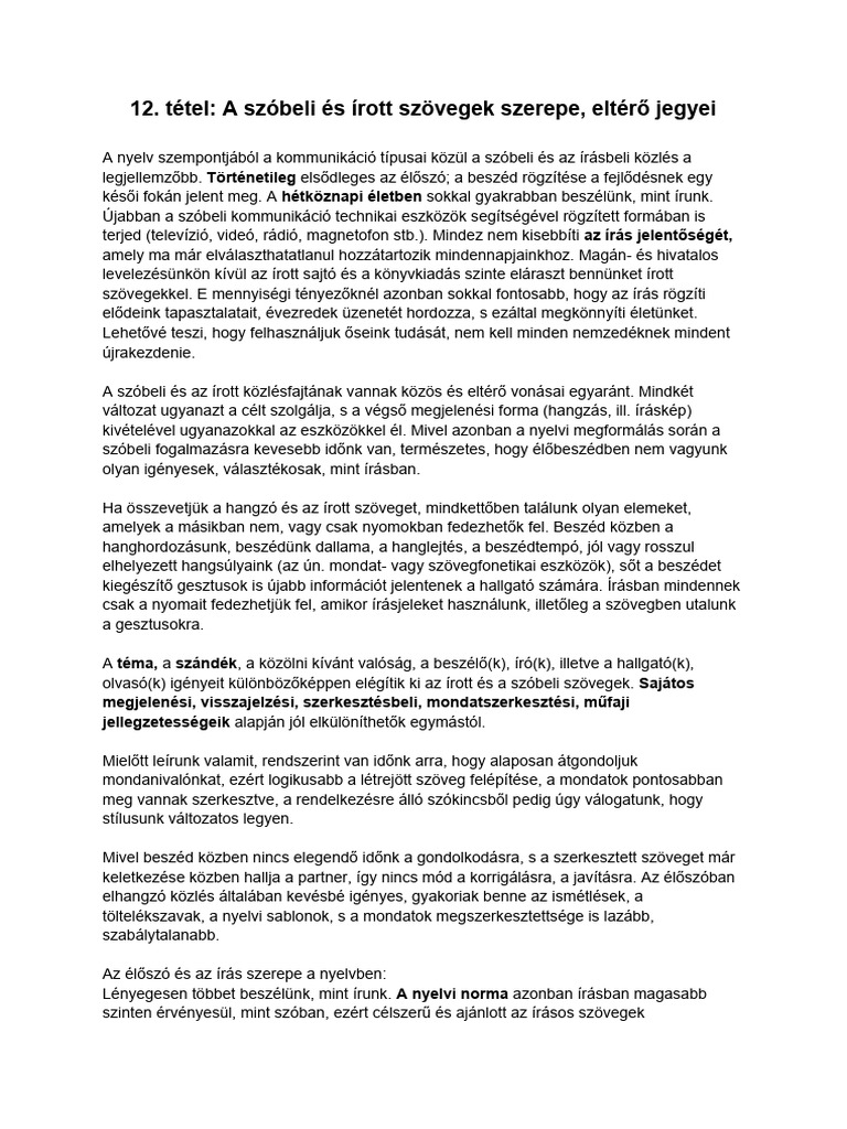 12 A Szóbeli És Írott Szövegek Szerepe Eltérő Jegyei Pdf