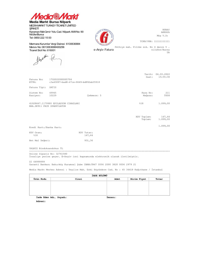 Media Markt Bursa Nilpark: E-Arşiv Fatura | PDF