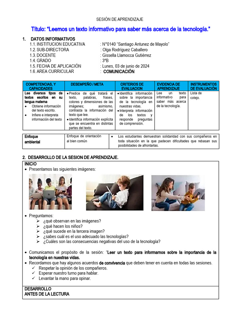 SESIÓN COM 3 JUNIO LEEMOS UN TEXTO SOBRE LA IMPORTANCIA DE LA TECNOLOGIA (1) | PDF | Evaluación ...