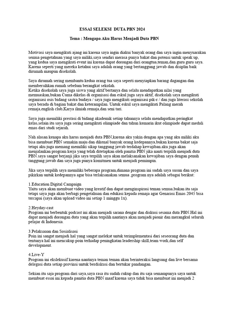 Essai Duta PBN - Alfisar Dafwa Ramadhan | PDF | Karier & Perkembangan | Ilmu Sosial