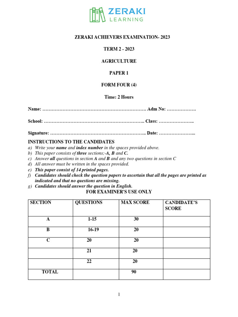 Agriculture Paper 1 - Question Paper | PDF | Horticulture | Food Industry