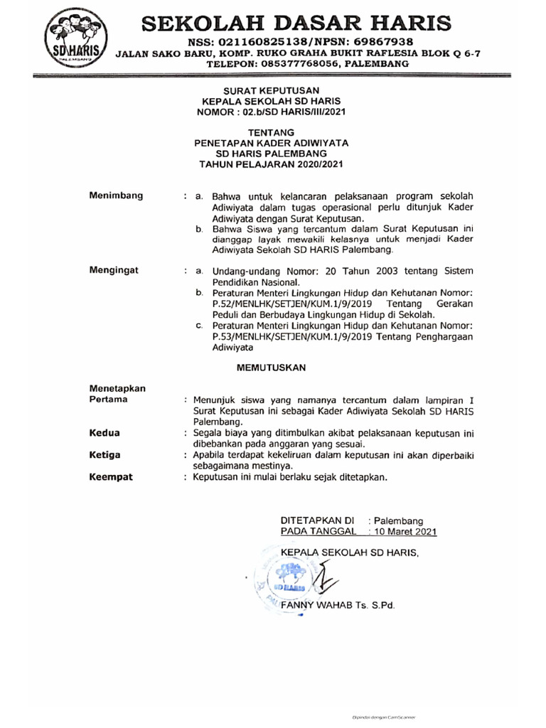 SK Dan Surat Tugas Penetapan Kader Adiwiyata | PDF
