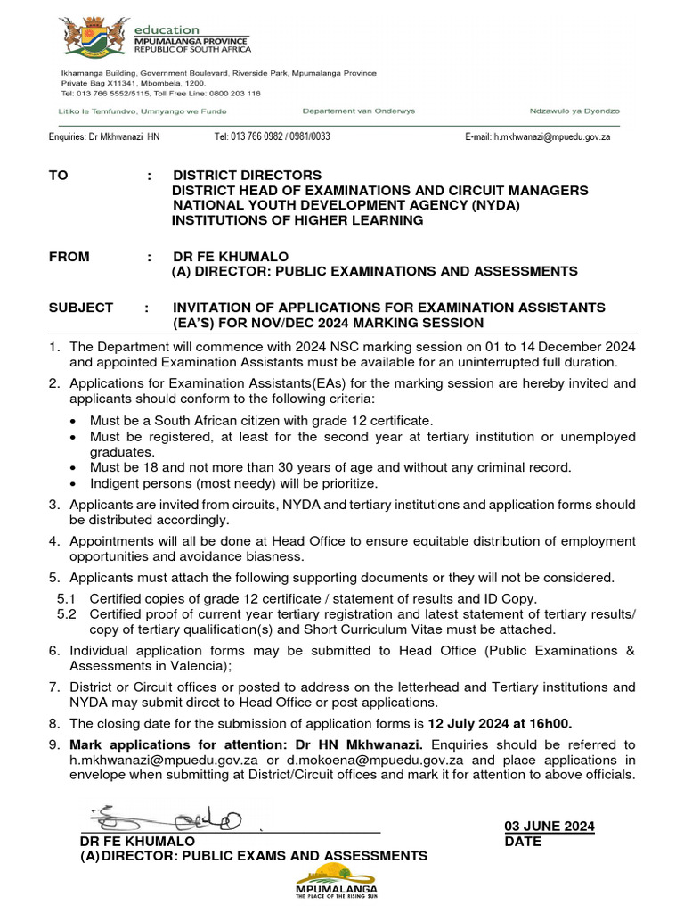 Invitation of Applications For Examination Assistants For Nov - Dec ...