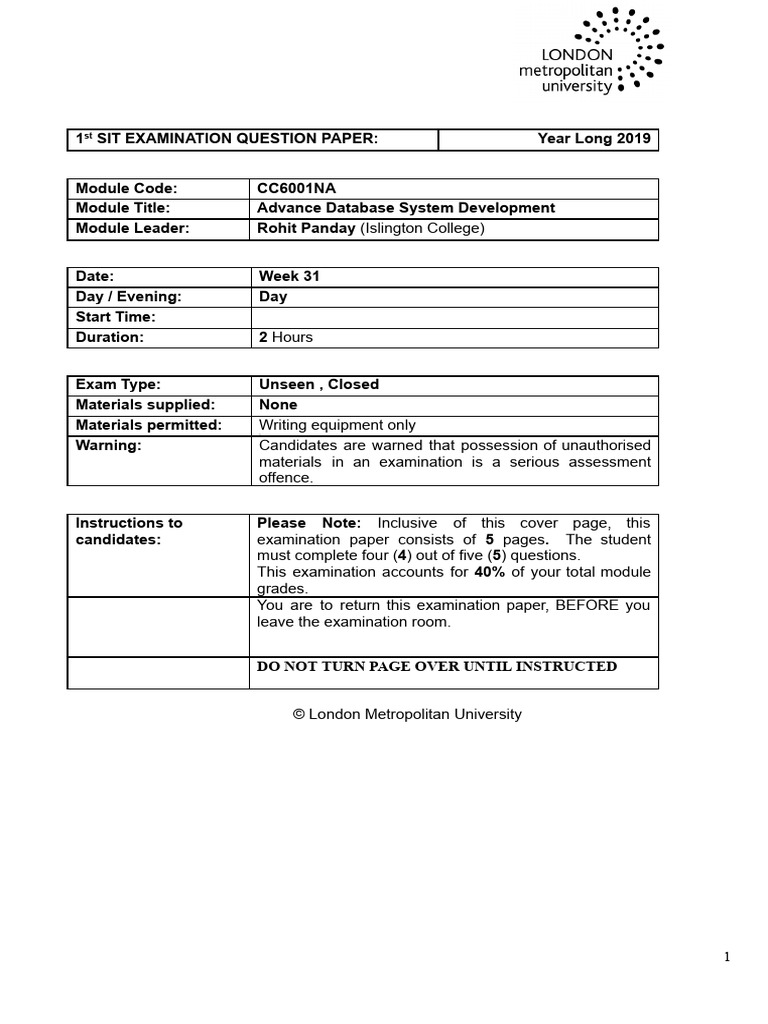 Advanced Database Exam Questions 2019 | PDF | Qualifications