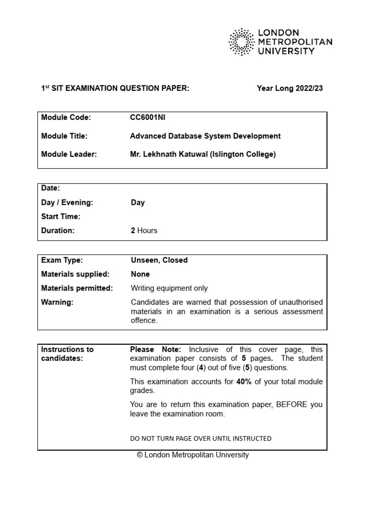 CC6001NA - Advanced Database Systems Development 2022-23 (1sit) - Exam QP | PDF | Database ...